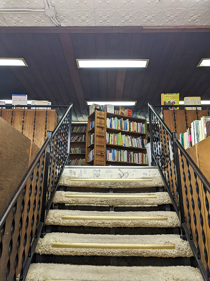 Carpeted steps lead upward to more literary treasures, the diamond pattern railing guiding you deeper into this book lover's paradise.