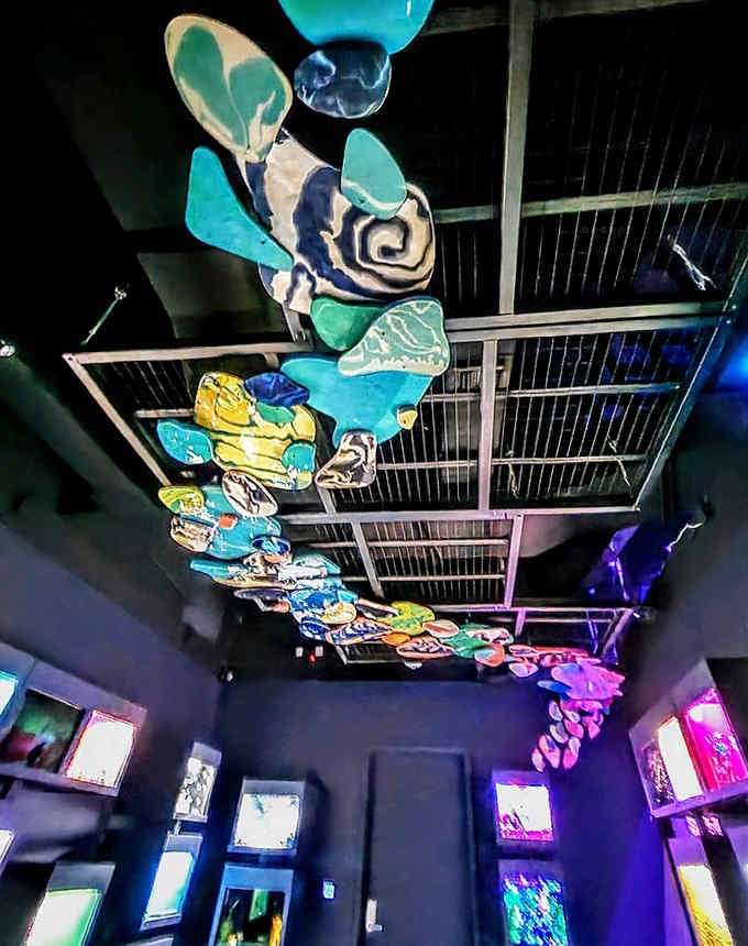 Abstract art pieces float overhead like the dreams you have after eating spicy food too close to bedtime.