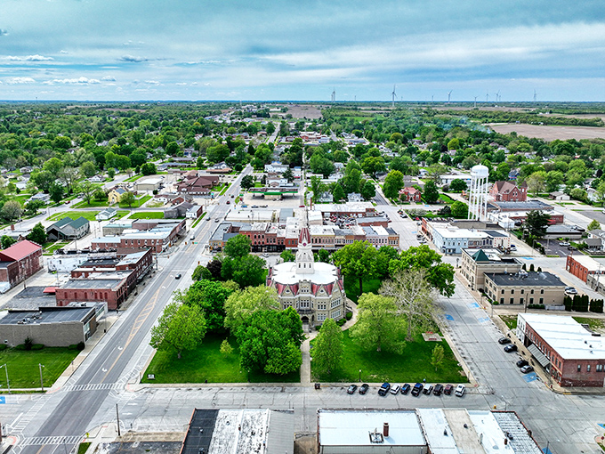 Aerial Town Center: The courthouse stands like a crown jewel in Pittsfield's center, surrounded by a town that radiates outward in a perfect example of classic American urban design.