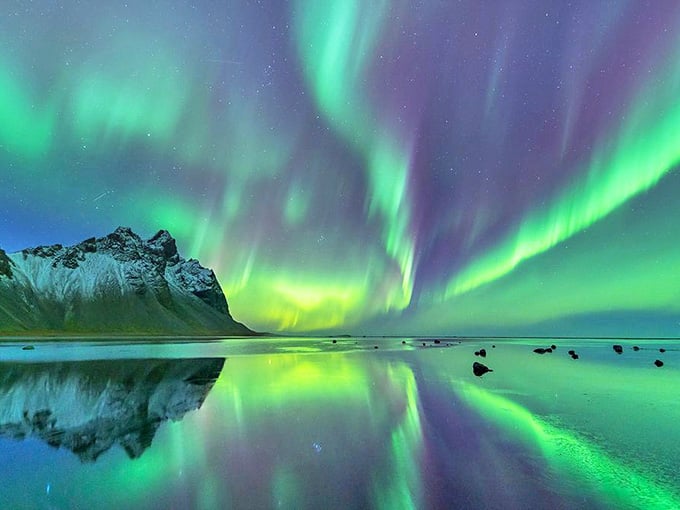 Though rarely seen, the Northern Lights occasionally dance above Norway, painting the night sky with ethereal greens and purples.