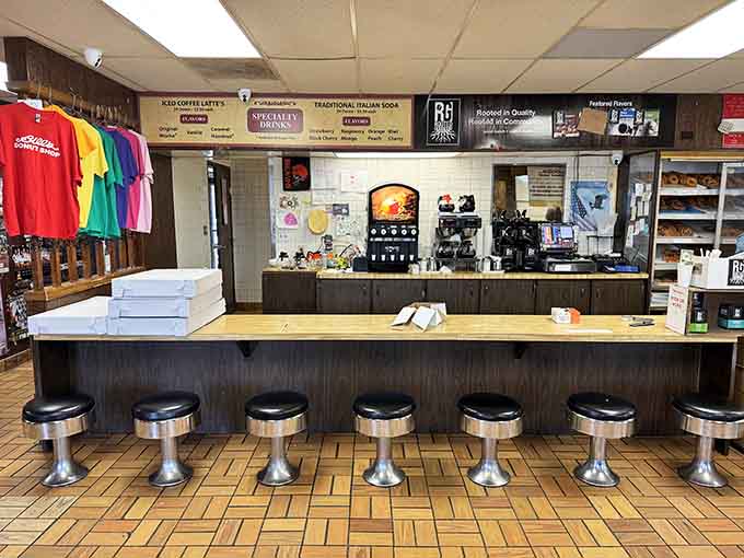 Counter seating offers front-row views of the donut operation, better than any cooking show on TV.