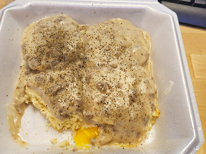 Biscuits smothered in peppery sausage gravy &ndash; the kind of breakfast that makes you want to hug the chef and take a nap.