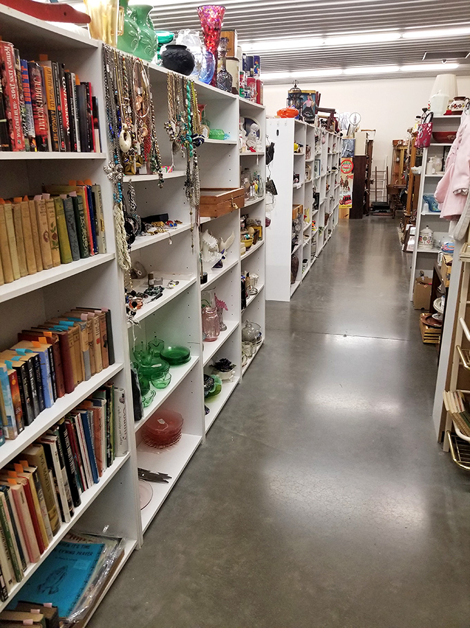 Miniature ceramic boots march across the shelves in a whimsical parade of colors and styles that's impossible not to smile at.