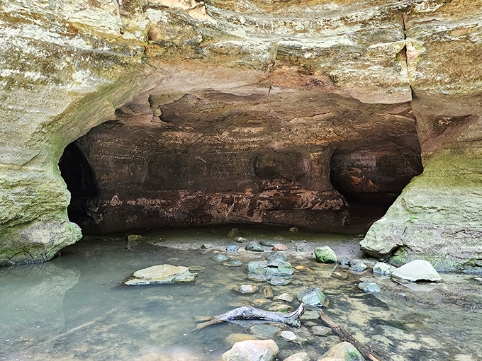 Nature's own cathedral: this rock overhang creates a peaceful sanctuary where the sounds of rushing water echo like a meditation soundtrack.
