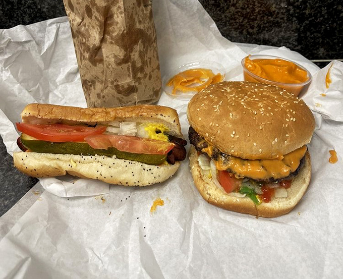 The classic Chicago combo &ndash; a char dog and char burger side by side, showcasing the simple yet perfect execution that defines Chicago street food.