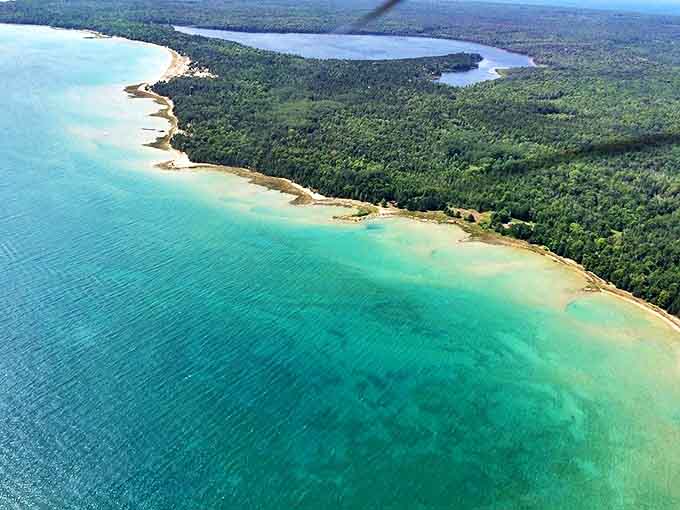 Mother Nature showing off her Caribbean-blue palette in Michigan, where forest meets that impossibly turquoise water. No filter needed!