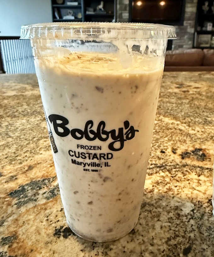 Cookies and cream custard in its natural habitat &ndash; a Bobby's cup that promises smooth, creamy perfection with chunks of cookie throughout.