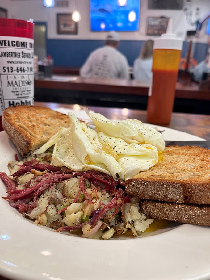 A proper diner breakfast &ndash; eggs, toast, and corned beef hash made from actual corned beef, not the mystery meat from a can.