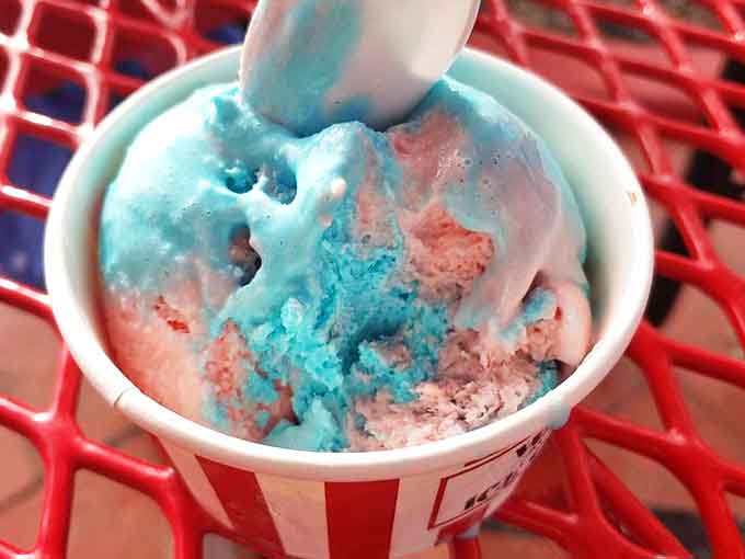 Cotton candy ice cream swirled with pink and blue creates a carnival in a cup, proving nostalgia tastes even better when it's frozen.