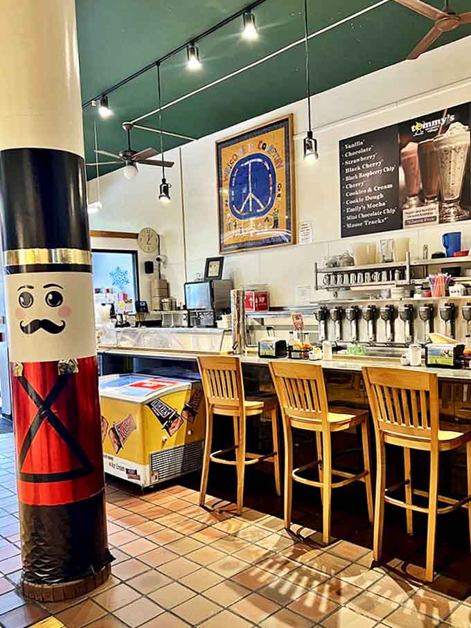 Counter: The heart of Tommy's operation, where milkshakes are blended to perfection under the watchful eye of a quirky nutcracker soldier.