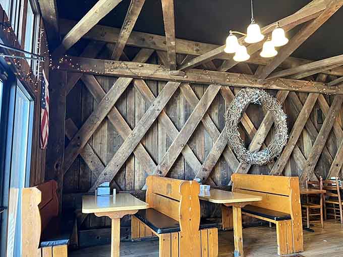 The dining area's exposed beams and wooden walls aren't Instagram props, they're the real deal from an era when craftsmanship actually meant something.
