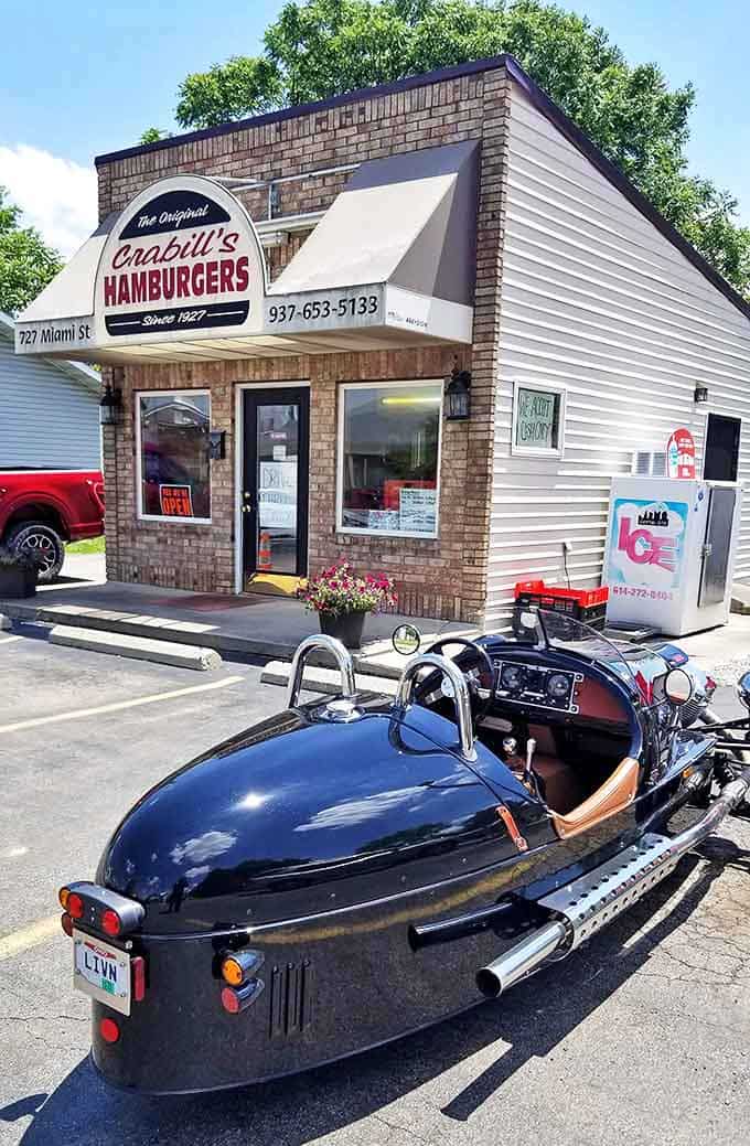 Even vintage cars make pilgrimages to Crabill's &ndash; this sleek roadster knows where to find burger nirvana.