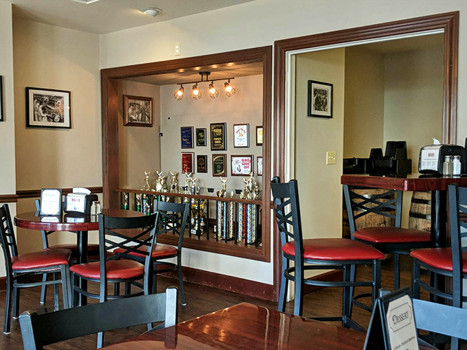 Trophy display showcasing local pride &ndash; because in small towns, achievements are celebrated by the whole community.