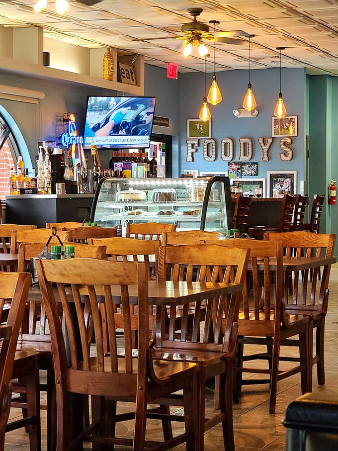 Edison bulbs cast a warm glow over wooden tables, creating that "I've discovered something special" feeling every food lover craves.