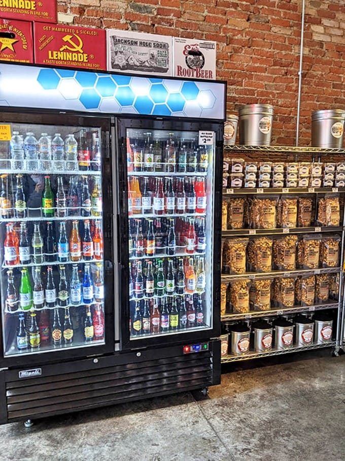 The beverage cooler offers classic sodas to wash down your gourmet popcorn, because even flavor adventurers need something familiar to anchor the experience.