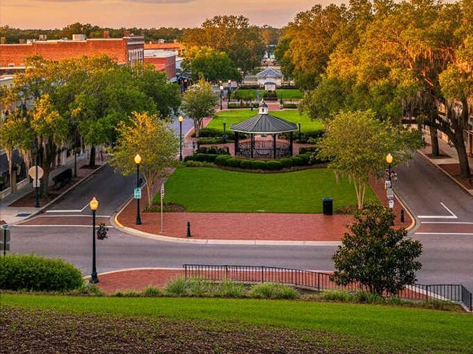 This elevated view captures Bartow's perfect town square, where the gazebo has hosted everything from first kisses to community celebrations.