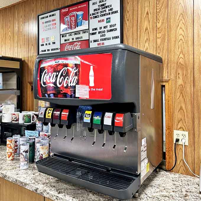 The soda fountain stands ready to wash down your pastry indulgences—because what's a donut without something to dunk it in?
