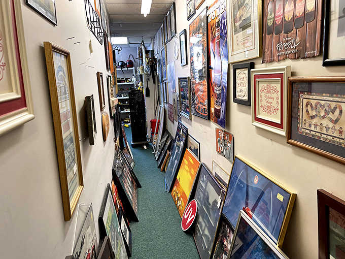 Art and memorabilia create a gallery-like corridor where every frame contains a different window to the past.