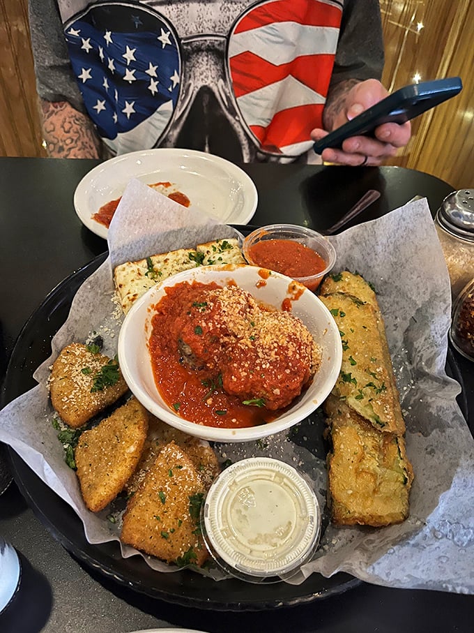 The appetizer sampler that's worth fighting over &ndash; golden-fried treasures surrounding a pool of marinara that's begging for a dip.