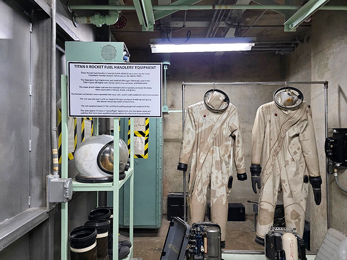 The protective gear worn by fuel handlers reminds visitors of the deadly chemicals that powered these missiles.