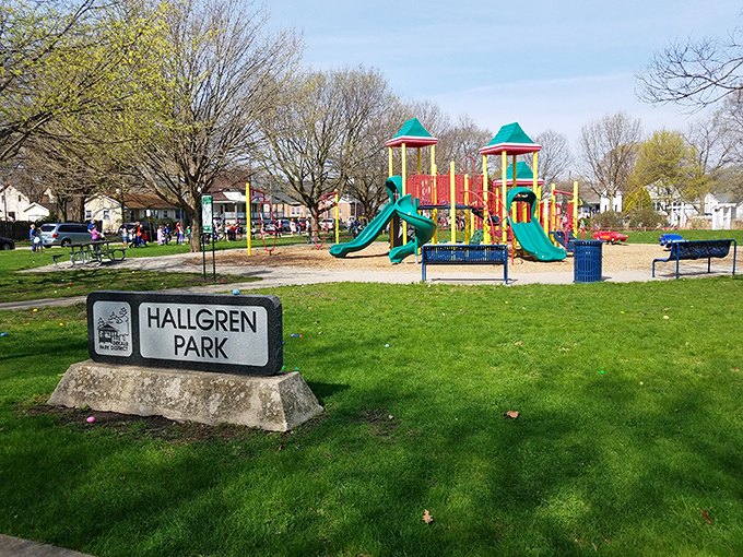 Hallgren Park's playful structures rise from verdant lawns, a neighborhood treasure where childhood laughter has echoed through DeKalb's changing seasons for decades.
