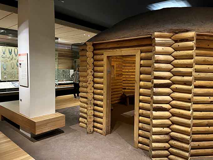 The HOME exhibit's log structure brings traditional Native architecture indoors, offering an immersive glimpse into Southwestern indigenous life.