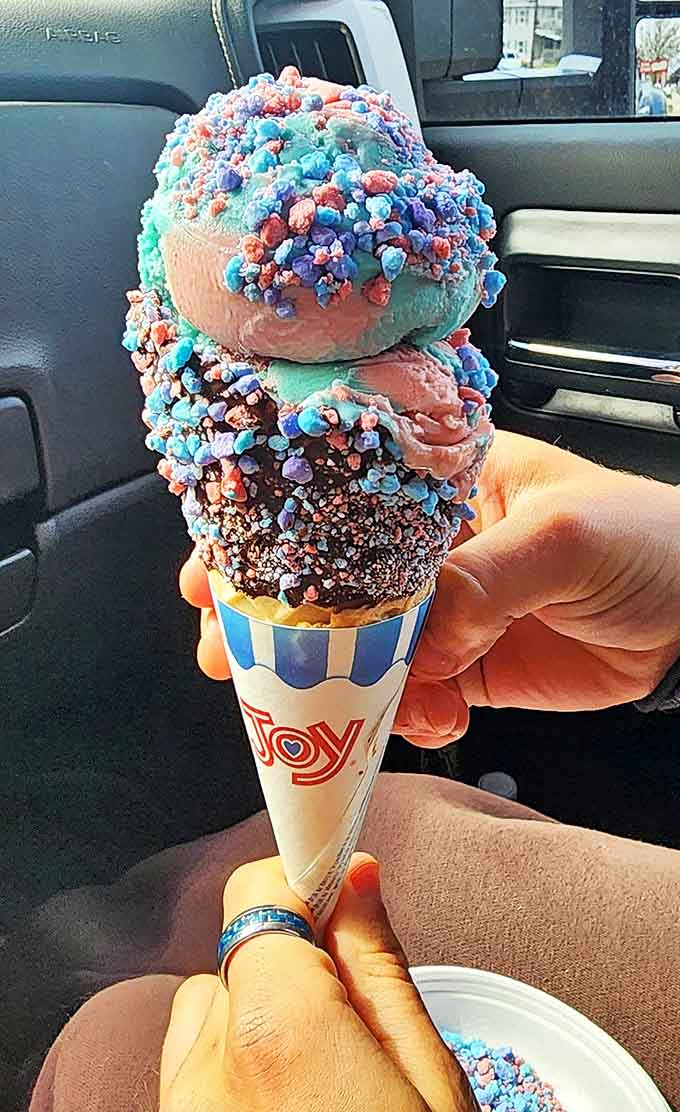 A carnival of color and flavor that would make even the most serious adult giggle with delight. Ice cream that tastes like childhood joy.