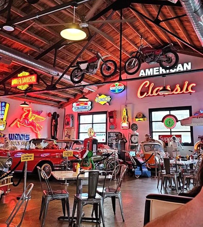 Motorcycles suspended from rafters, neon signs illuminating classic cars&mdash;this isn't just dining, it's time travel with the added bonus of french fries.