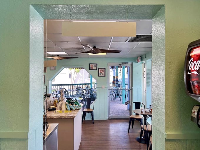 Mint green walls and simple furnishings create an atmosphere of old Florida charm that's increasingly rare in today's flashy restaurant scene.
