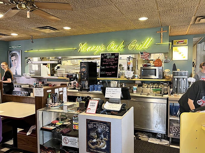 The counter area buzzes with morning energy as regulars claim their usual spots and servers pour coffee with radar-like precision.