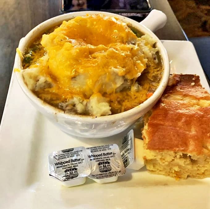 Comfort in a bowl &ndash; savory filling topped with mashed potatoes and melted cheese that makes you want to build a nest inside.