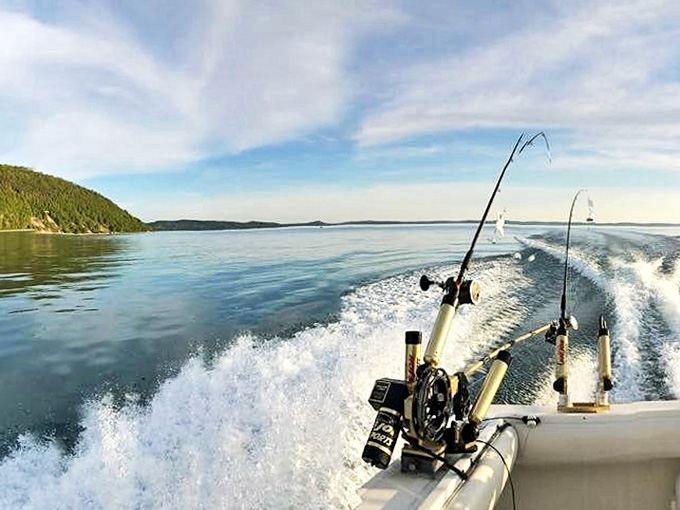 Rods stand at attention against Michigan's crystal waters, where the day's catch is always just one cast away.
