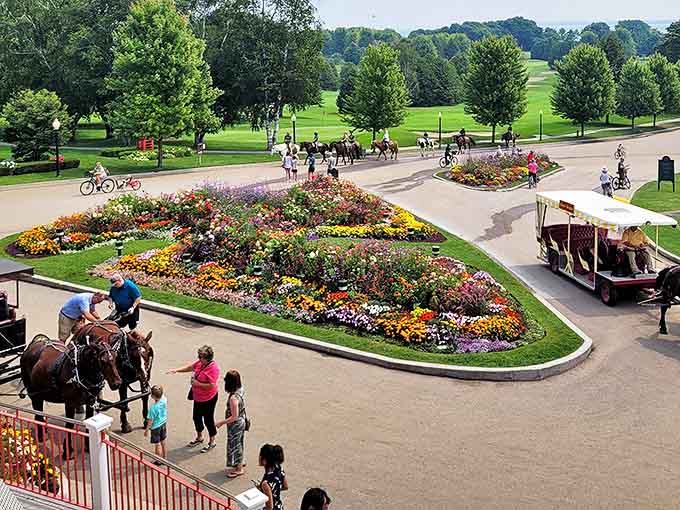 Mackinac Island State Park offers manicured gardens and trails where horses have right-of-way and the only traffic noise comes from chirping birds.