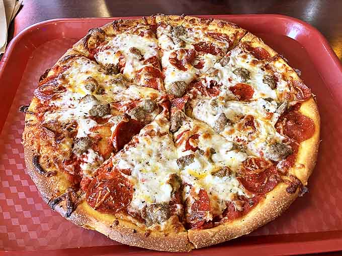 Classic pepperoni perfection &ndash; this pizza proves Mama Mia's culinary credentials stand as strong as the bridge they celebrate.