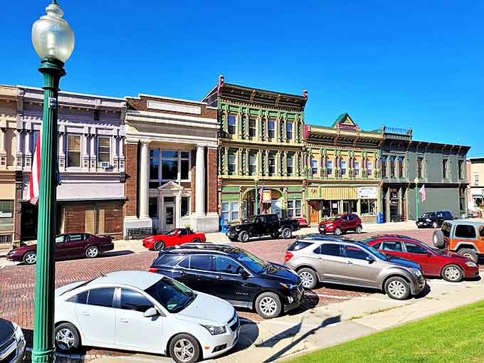 Mount Carroll Cafe's colorful storefronts add vibrant character to the historic downtown district, inviting passersby to stop and linger.