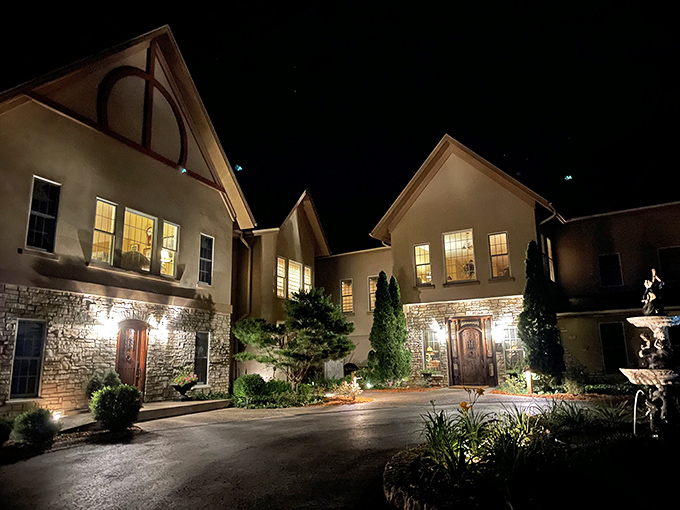 Night View: As darkness falls, the inn glows with welcoming warmth, windows like golden beacons guiding weary travelers home.