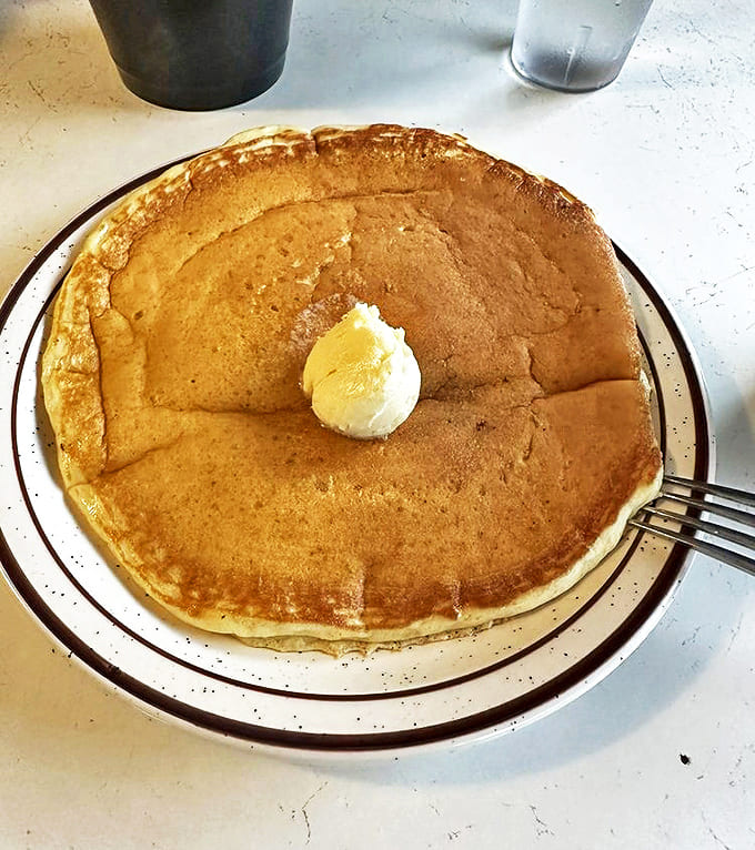 One perfect pancake with a dollop of butter slowly melting into its golden surface – breakfast poetry on a plate.