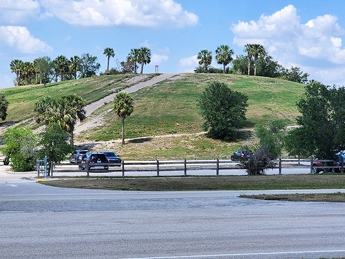 The distinctive mound rises from the landscape, a Florida "mountain" created from excavated earth that now offers panoramic views.