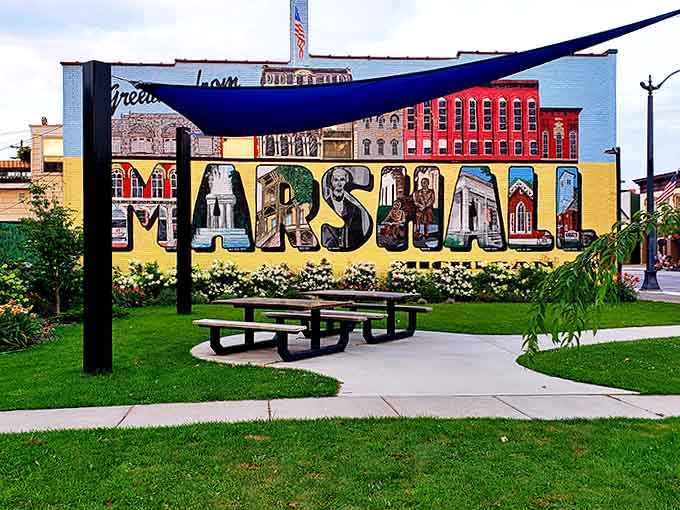 The colorful "Greetings from Marshall" mural captures the town's essence in vibrant detail, becoming the perfect backdrop for visitor photos and social media moments.