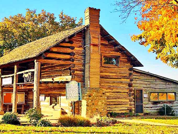 Autumn sunlight bathes the cabin in golden hues, highlighting the sturdy construction that's weathered nearly two centuries of Michigan seasons.