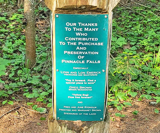 This plaque honors those who preserved Pinnacle Falls for future generations &ndash; conservation heroes whose legacy flows as eternally as the water itself.