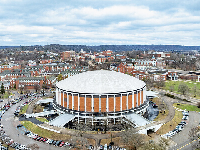Ohio University's iconic Convocation Center anchors the Athens skyline, hosting events that bring the community together in celebration.