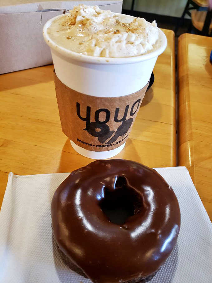 Fall in a cup and on a plate &ndash; YoYo's pumpkin latte and double chocolate donut create the perfect seasonal pairing.