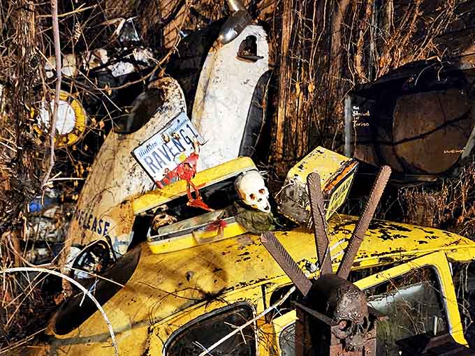 A vintage vehicle becomes part of an artistic statement, its license plate and decorations telling stories of imaginary journeys.