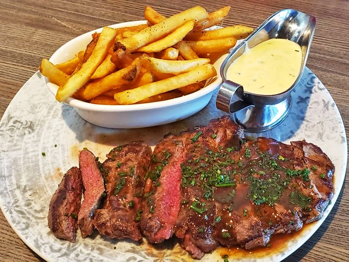 Steak Frites done right &ndash; perfectly cooked beef alongside golden fries with a silky b&eacute;arnaise that would make a French chef smile.