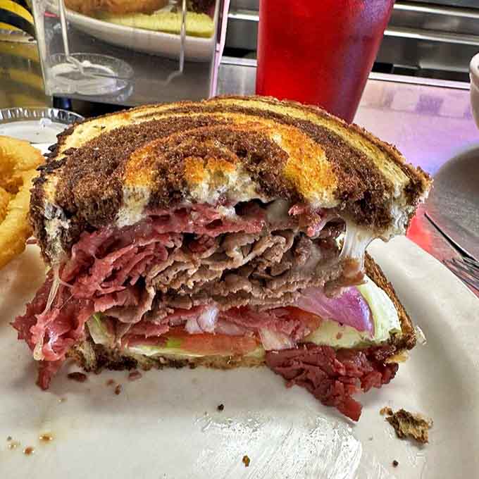 The Reuben sandwich at Roxy isn't just stacked &ndash; it's an architectural marvel of corned beef, sauerkraut, and melty Swiss.