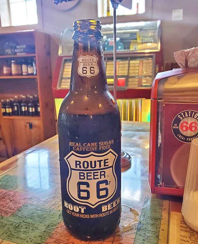 Route 66 Root Beer &ndash; served in glass bottles for maximum nostalgia points, this real-sugar soda delivers old-fashioned flavor that pairs perfectly with everything on the menu.