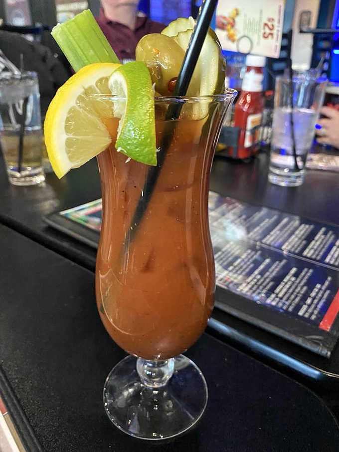 A meal disguised as a cocktail, with enough garnishes to count as a small salad &ndash; brunch in a glass.