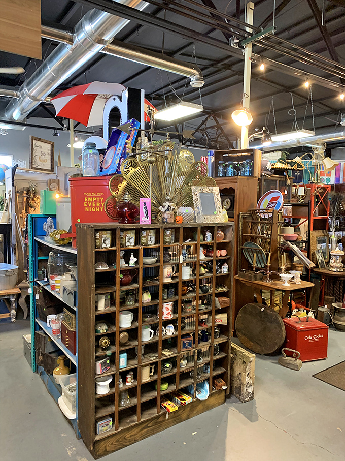 Wooden display shelves showcase everything from vintage electronics to quirky knickknacks, each item meticulously arranged to catch a browser's eye.