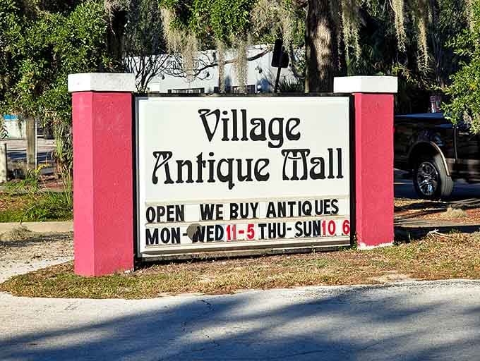 The signage outside doesn't just advertise, it invites you into a world where "we buy antiques" means they're as passionate about acquiring history as selling it.